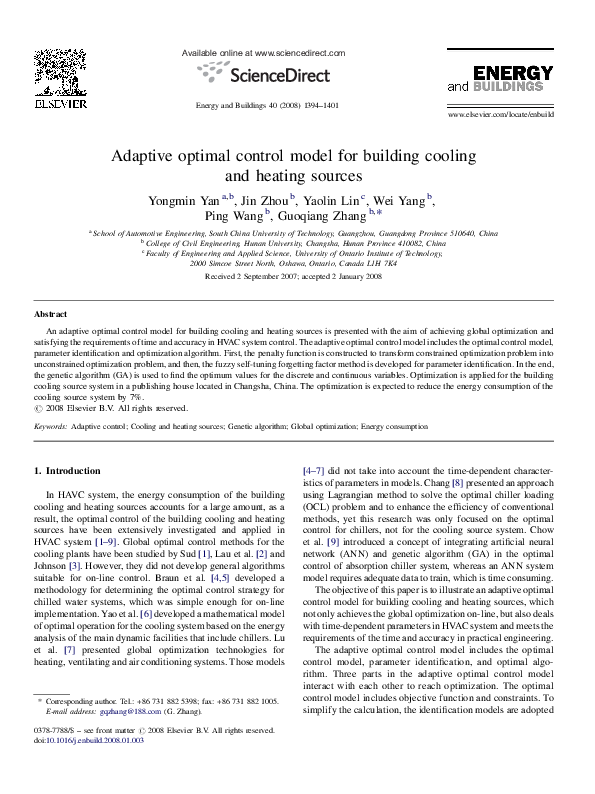 Pdf Adaptive Optimal Control Model For Building Cooling And Heating Sources