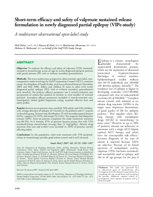 (PDF) Short-term efficacy and safety of valproate sustained-release ... (PDF) Short-term efficacy and safety of valproate sustained-release ...