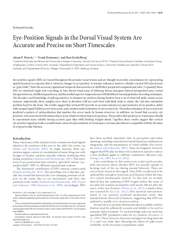 (PDF) Eye-Position Signals in the Dorsal Visual System Are Accurate and ...