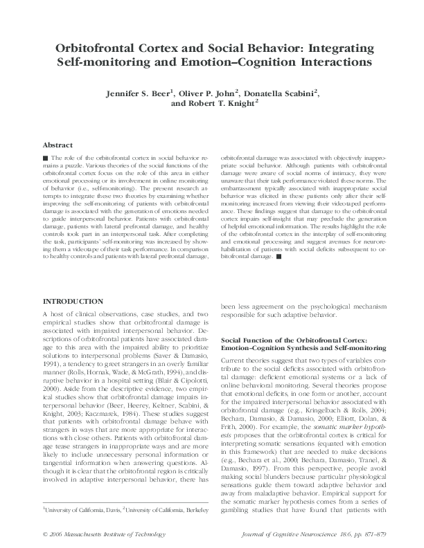 (PDF) Orbitofrontal Cortex and Social Behavior: Integrating Self-monitoring and Emotion ...