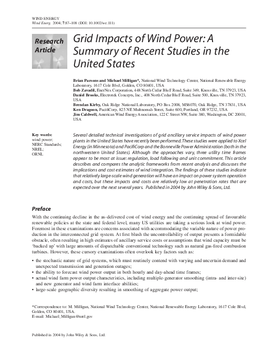 (PDF) Grid impacts of wind power: a summary of recent studies in the ...