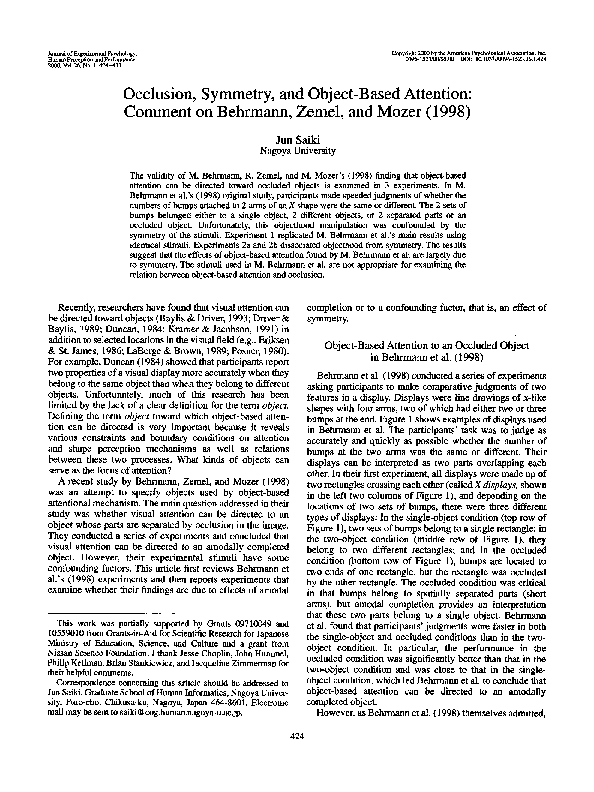 (PDF) Occlusion, symmetry, and object-based attention: Reply to Saiki (2000)