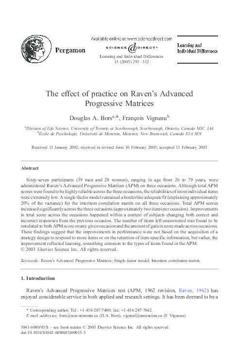 (PDF) The effect of practice on Raven's Advanced Progressive Matrices