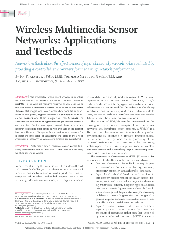 (PDF) Wireless Multimedia Sensor Networks: Applications and Testbeds