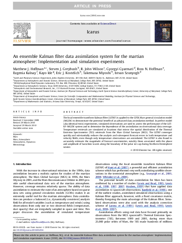 Pdf An Ensemble Kalman Filter Data Assimilation System For The Martian Atmosphere