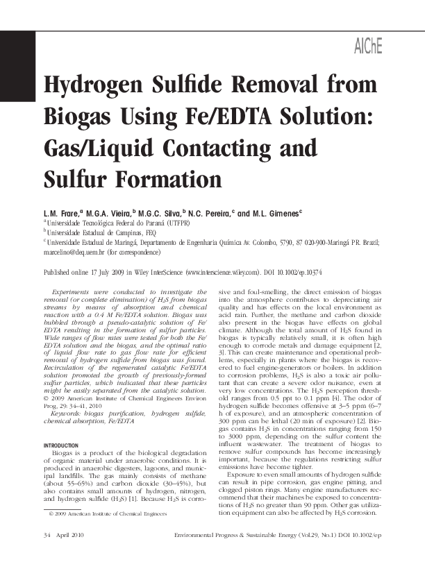 (PDF) Hydrogen sulfide removal from biogas using Fe/EDTA solution: Gas ...
