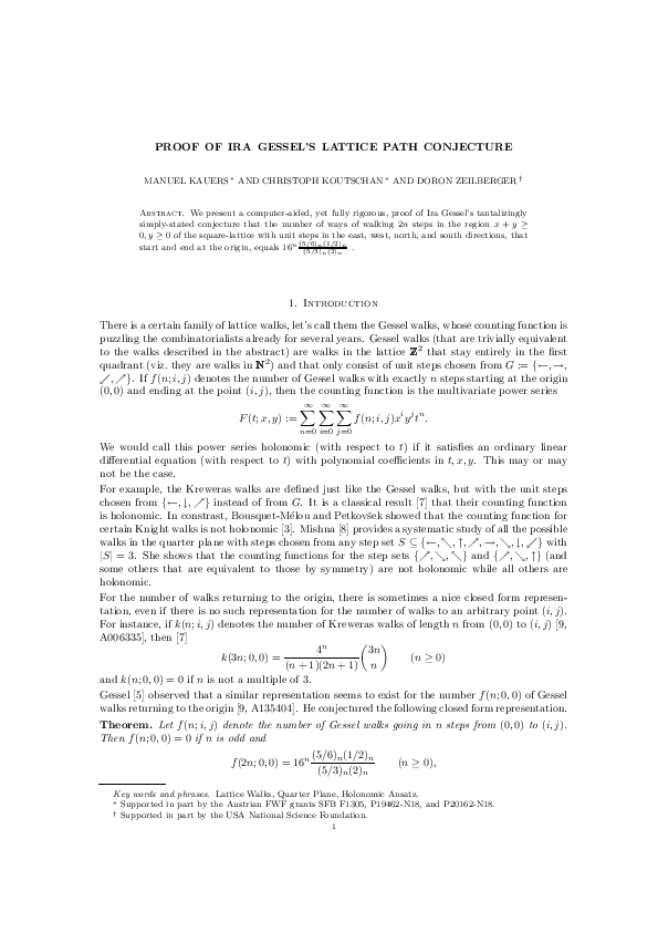 (PDF) Proof of Ira Gessel's lattice path conjecture
