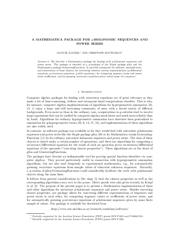 (PDF) A Mathematica package for q-holonomic sequences and power series