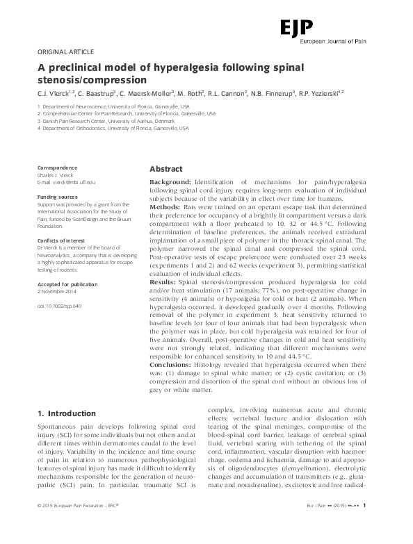 (PDF) A preclinical model of hyperalgesia following spinal stenosis ...