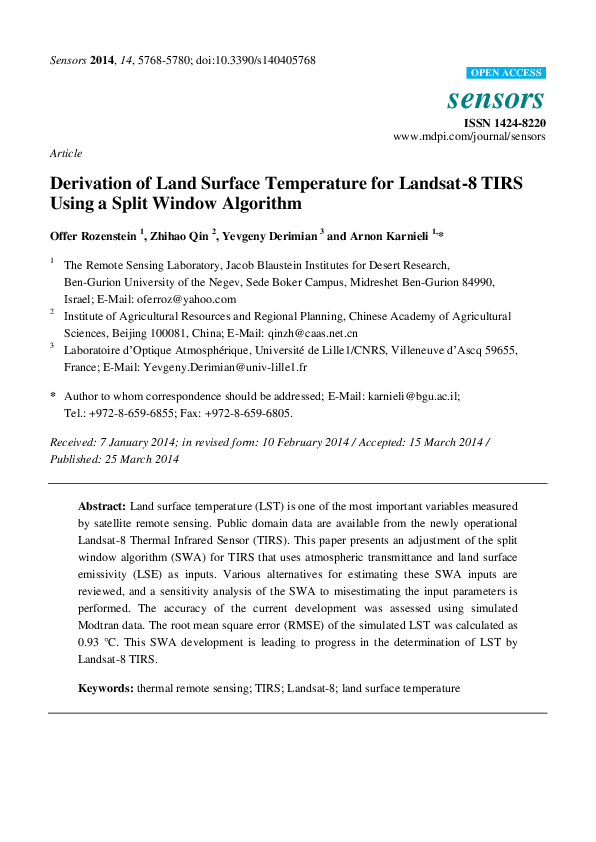 Pdf Derivation Of Land Surface Temperature For Landsat 8 Tirs Using A Split Window Algorithm