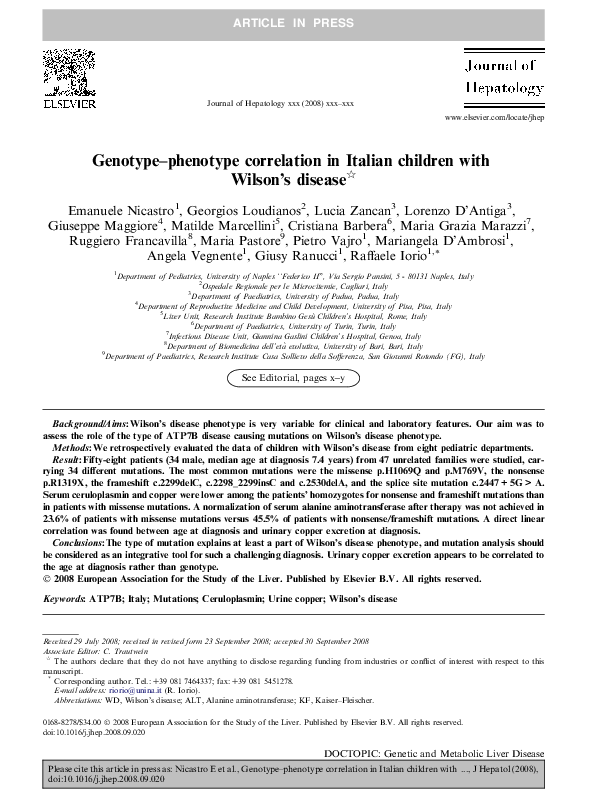 (PDF) Genotype–phenotype correlation in Italian children with Wilson’s ...