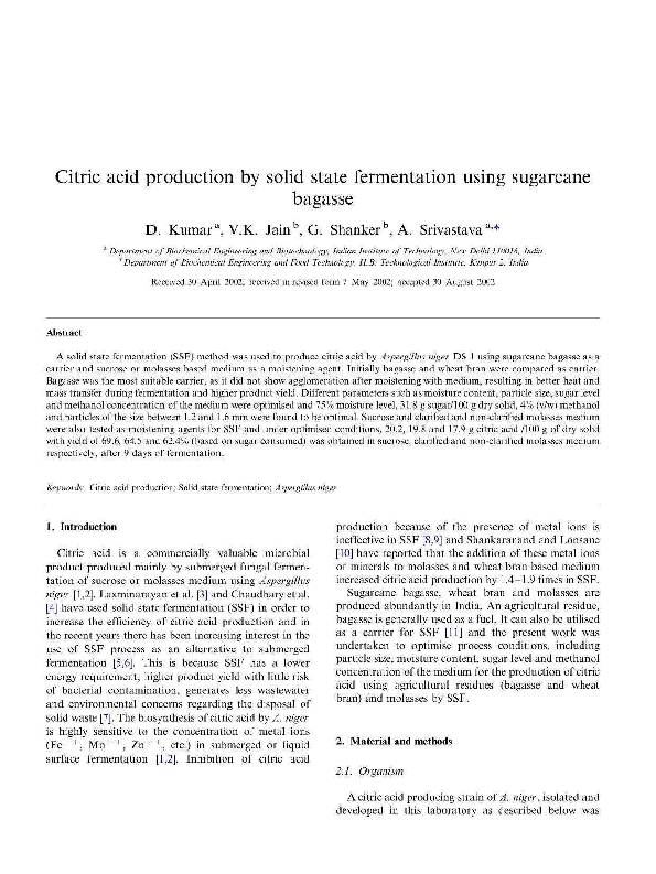 (PDF) Citric acid production by solid state fermentation using sugarcane bagasse