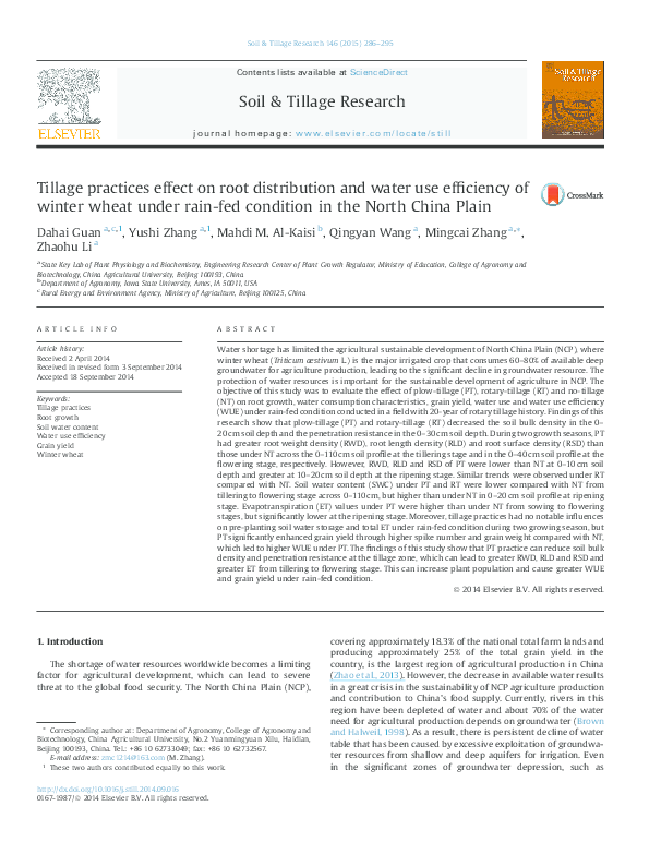 Pdf Tillage Practices Effect On Root Distribution And Water Use Efficiency Of Winter Wheat