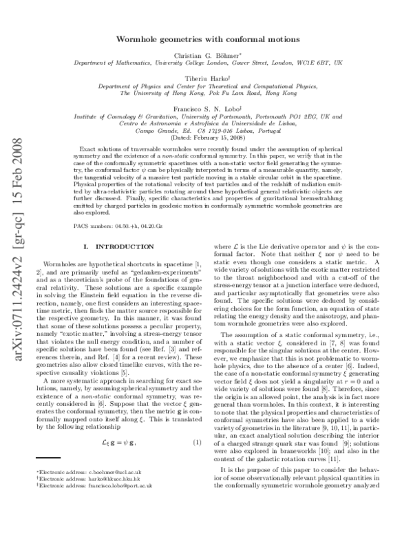 (PDF) Wormhole geometries with conformal motions