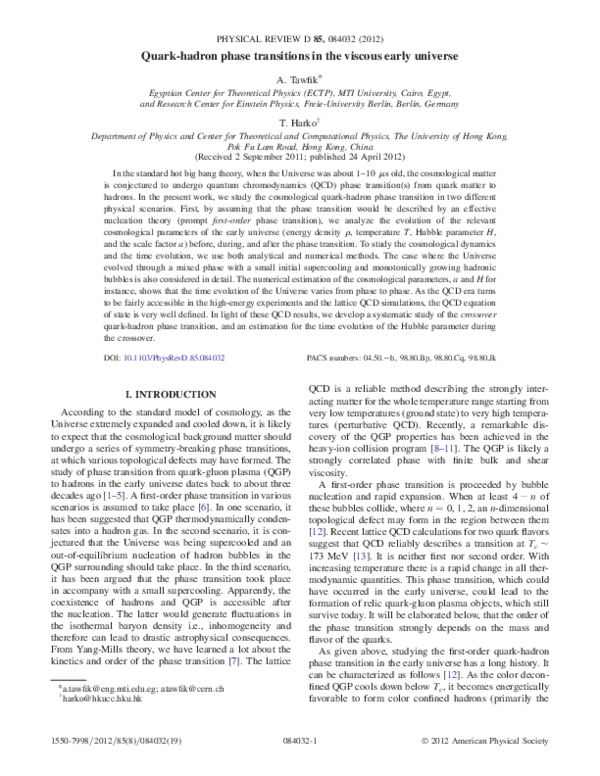 (PDF) Quark-hadron phase transitions in the viscous early universe