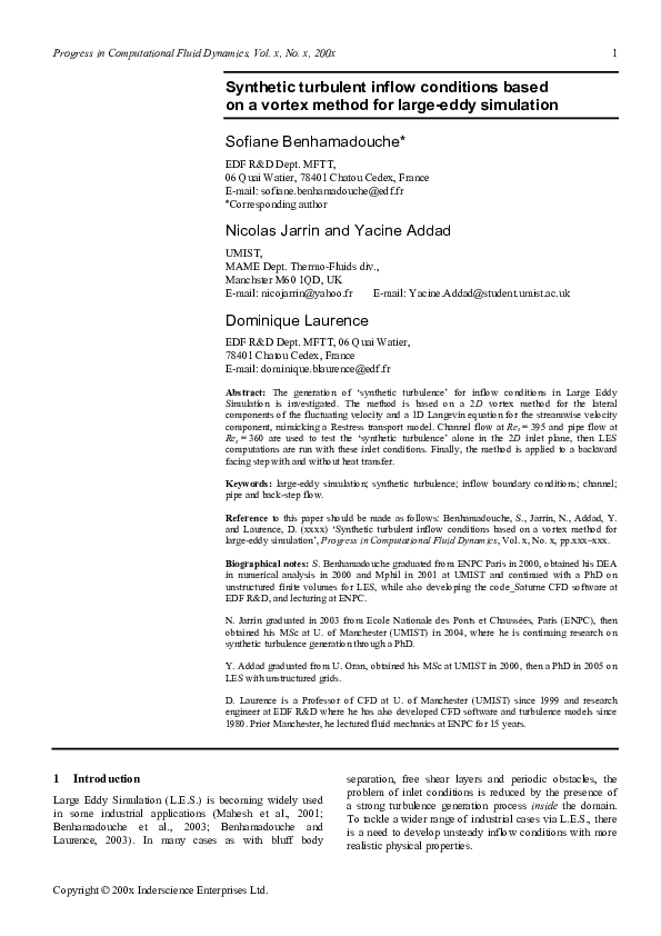 Pdf Synthetic Turbulent Inflow Conditions Based On A Vortex Method For Large Eddy Simulation