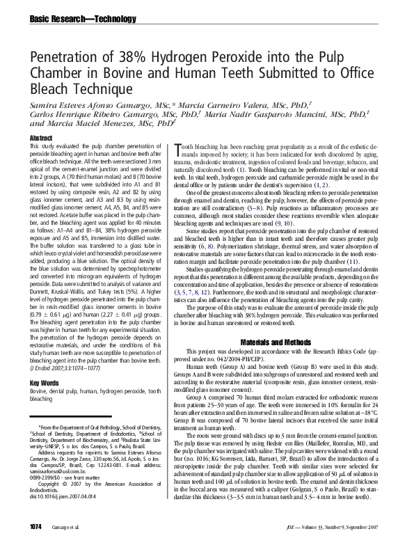 (PDF) Penetration of 38% Hydrogen Peroxide into the Pulp Chamber in ...