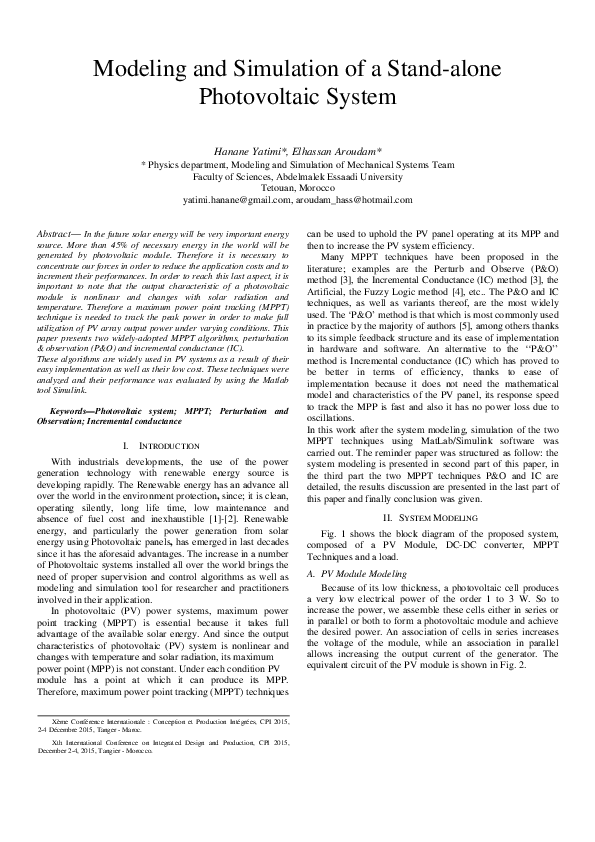 (PDF) Modeling and Simulation of a Stand-alone Photovoltaic System