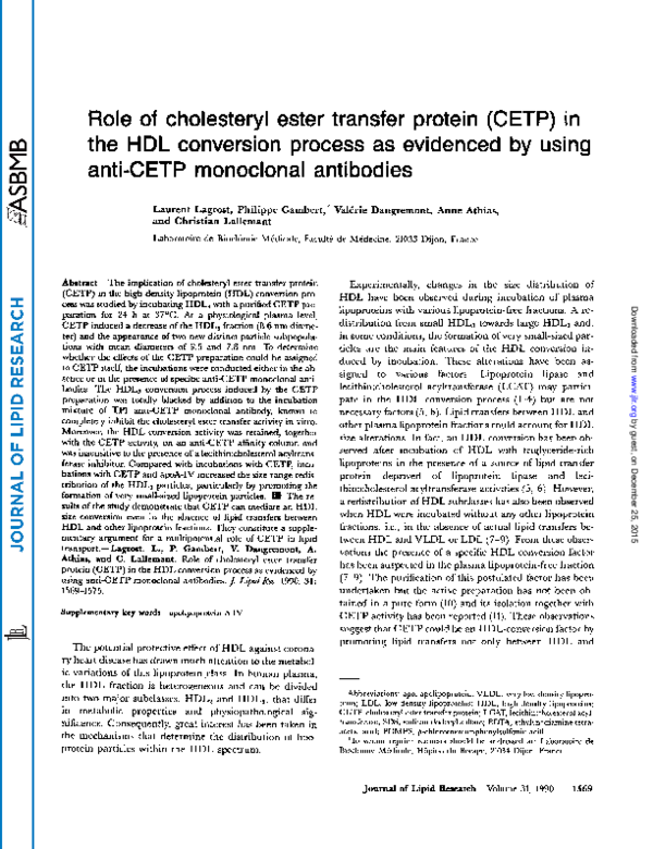 (PDF) Role of cholesteryl ester transfer protein (CETP) in the HDL ...
