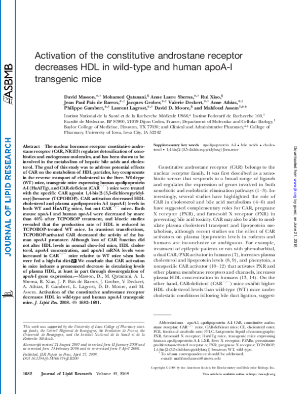 (PDF) Activation of the constitutive androstane receptor decreases HDL ...