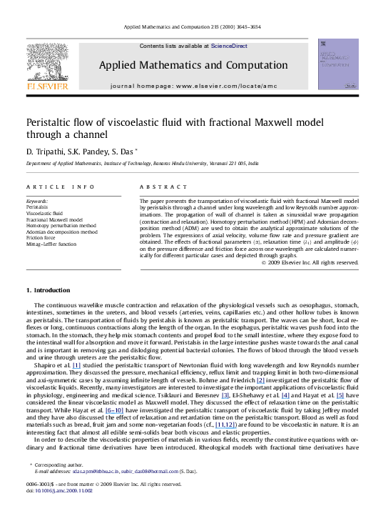 (PDF) Peristaltic flow of viscoelastic fluid with fractional Maxwell ...