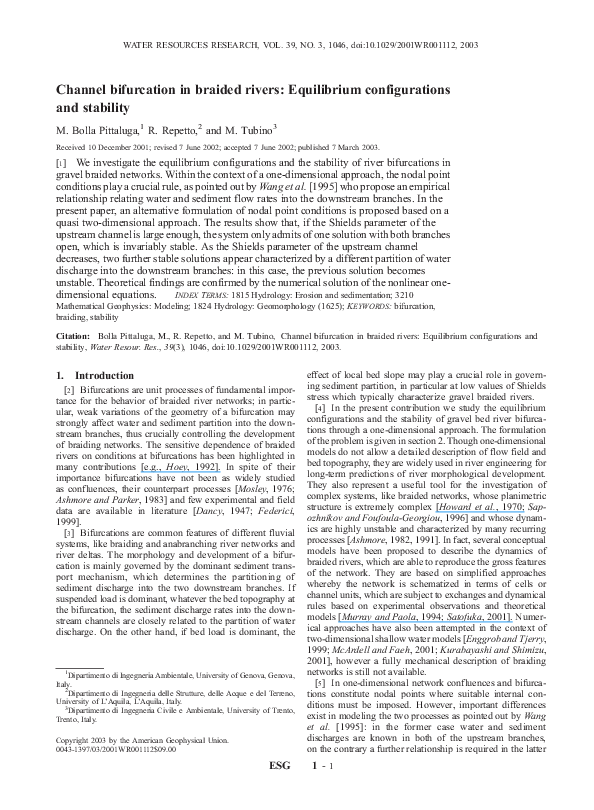 (PDF) Channel bifurcation in braided rivers: equilibrium configurations ...