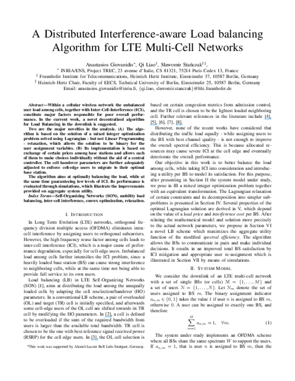 Pdf A Distributed Interference Aware Load Balancing Algorithm For Lte