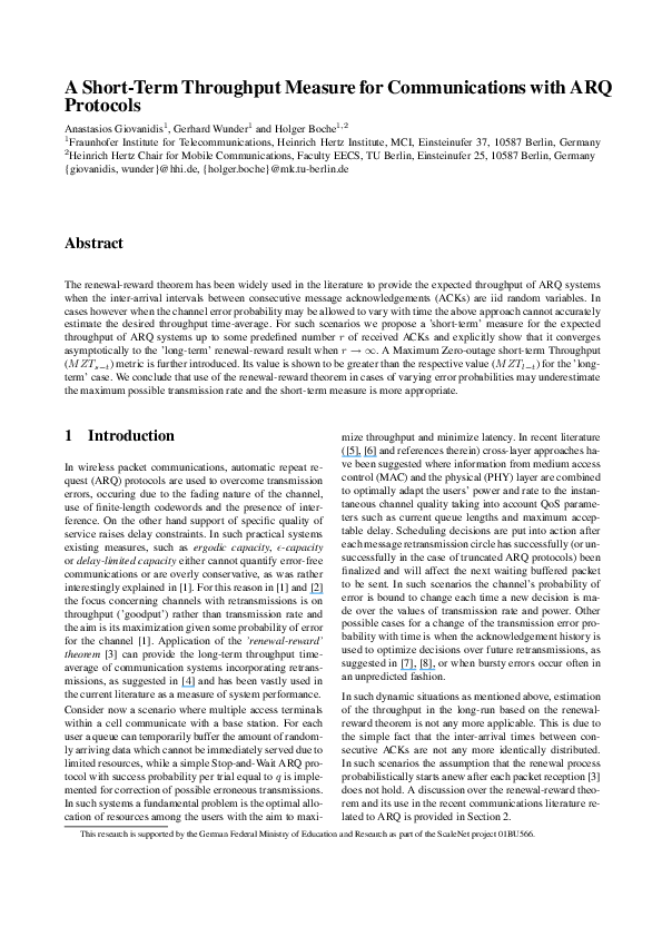 (PDF) A Short-Term Throughput Measure for Communications with ARQ Protocols
