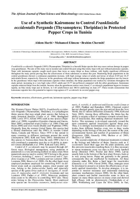 Use of a Synthetic Kairomone to Control Frankliniella occidentalis ...