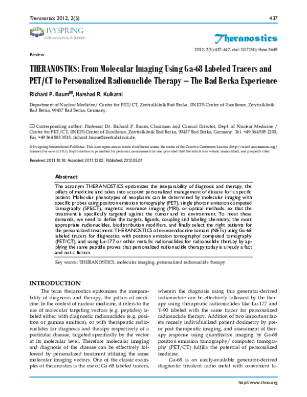 (PDF) THERANOSTICS: From Molecular Imaging Using Ga-68 Labeled Tracers and PET/CT to ...