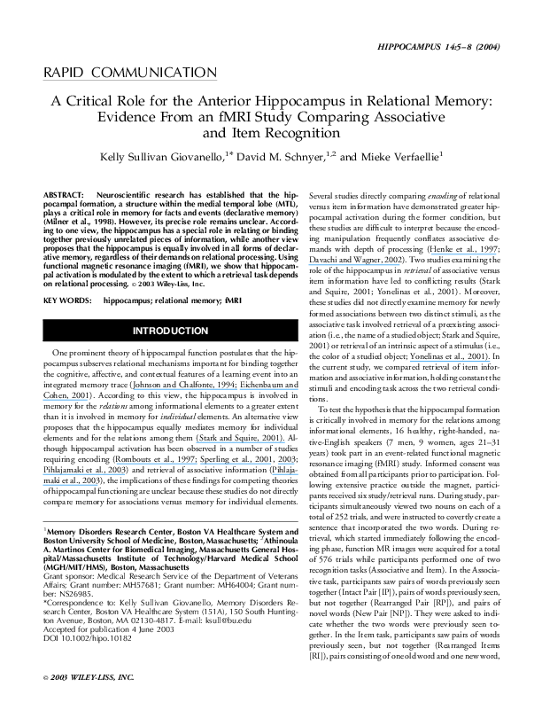 (PDF) A critical role for the anterior hippocampus in relational memory ...
