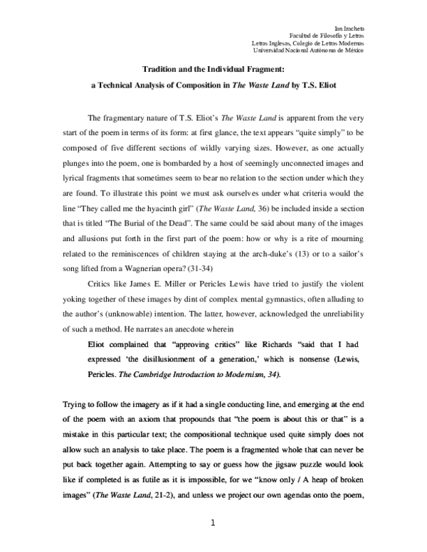 (DOC) Tradition and the Individual Fragment: Form in TS Eliot's The ...