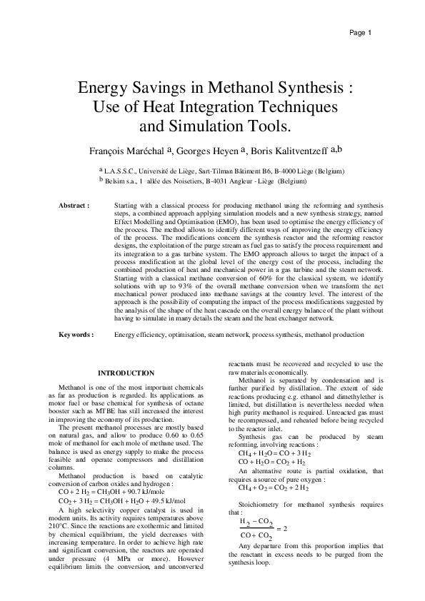 Pdf Energy Savings In Methanol Synthesis Use Of Heat Integration Techniques And Simulation Tools
