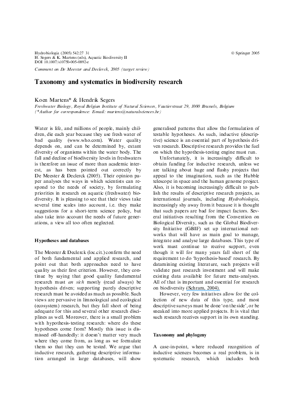 (PDF) Taxonomy and systematics in biodiversity research