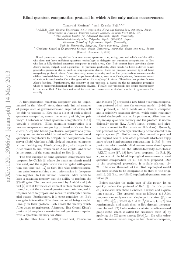 Pdf Blind Quantum Computation Protocol In Which Alice Only Makes Measurements