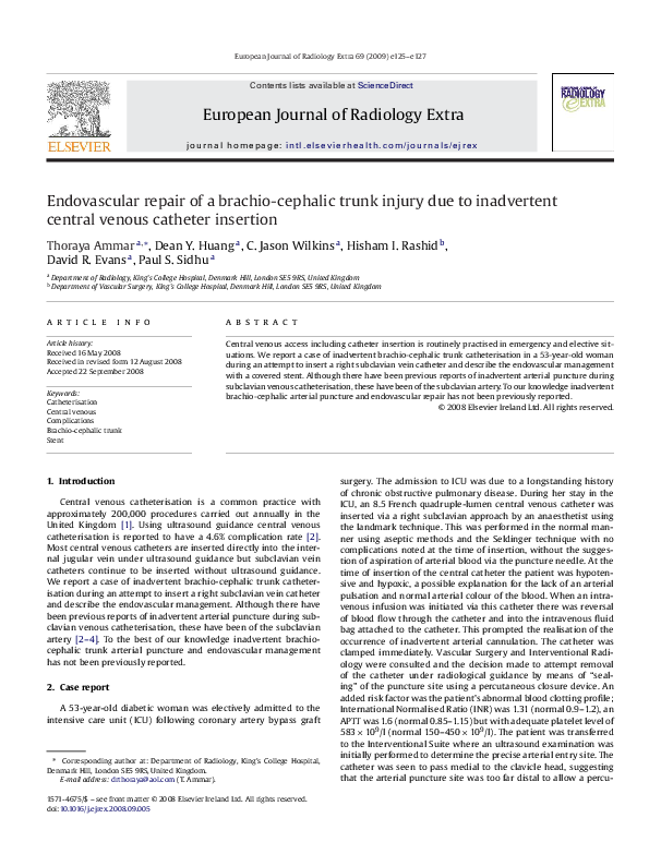 (PDF) Endovascular repair of a brachio-cephalic trunk injury due to ...