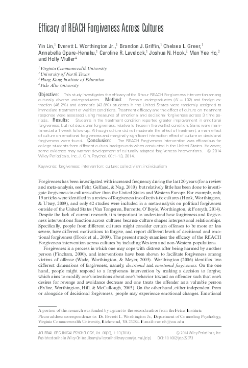 (PDF) Efficacy of REACH Forgiveness Across Cultures
