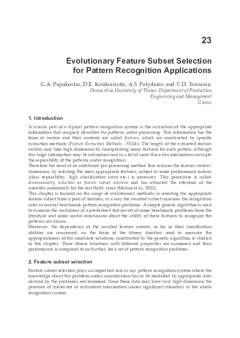 Pdf Evolutionary Feature Subset Selection For Pattern Recognition Applications 