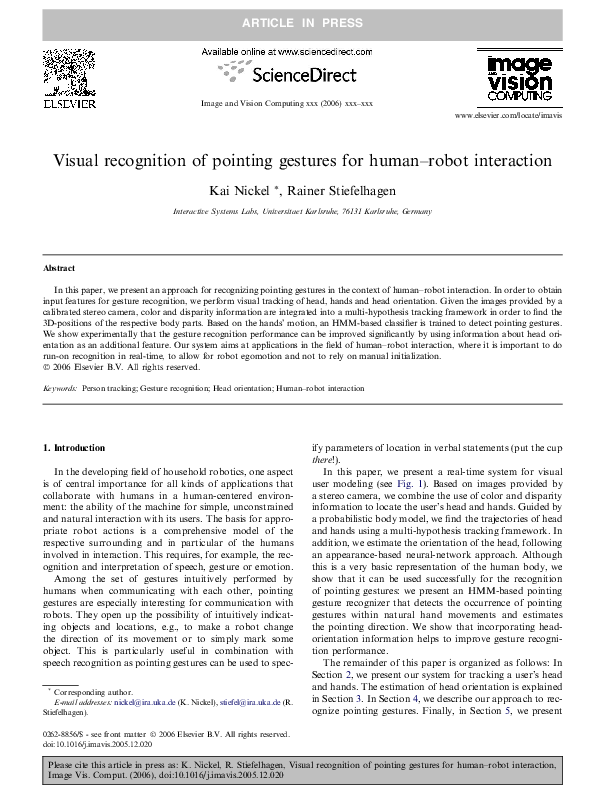 (PDF) Visual recognition of pointing gestures for human–robot interaction