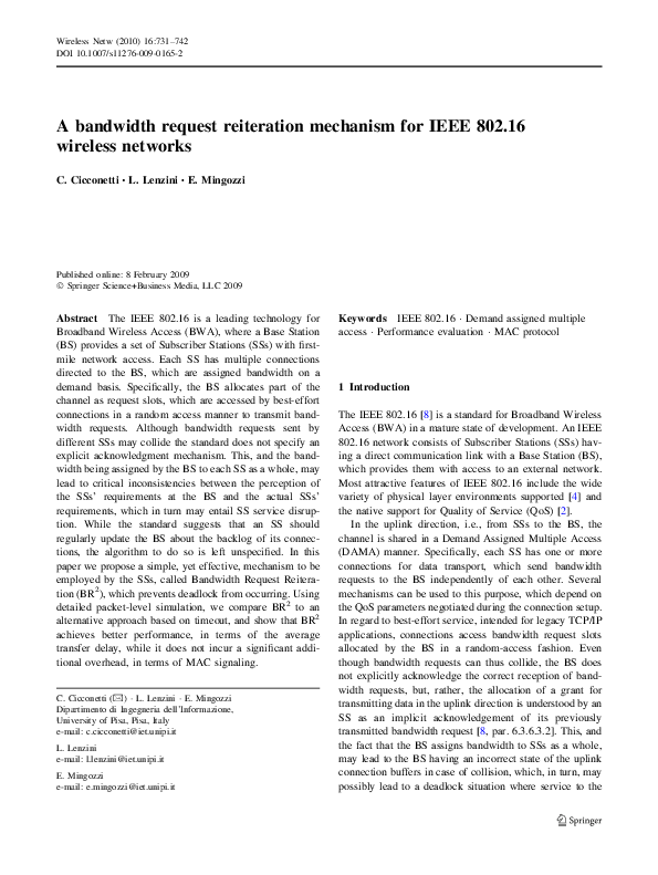 (PDF) A bandwidth request reiteration mechanism for IEEE 802.16 wireless networks