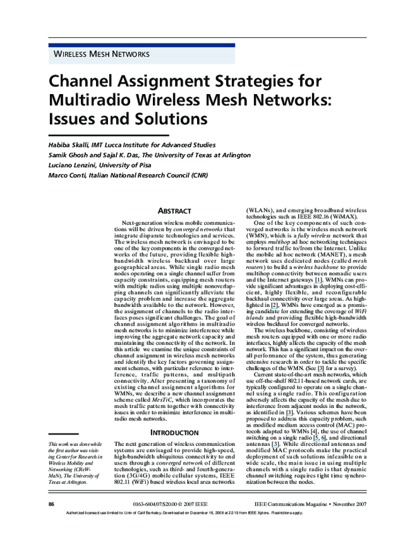 (PDF) Channel Assignment Strategies for Multiradio Wireless Mesh Networks: Issues and Solutions