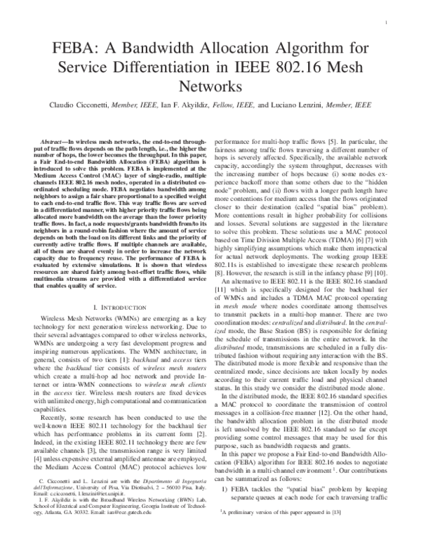 Pdf Feba A Bandwidth Allocation Algorithm For Service Differentiation In Ieee 802 16 Mesh