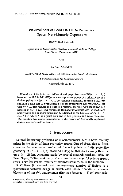 (PDF) Maximal sets of points in finite projective space, no t-linearly dependent