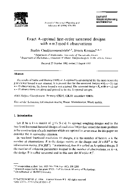 (PDF) Exact A-optimal first-order saturated designs with n ≡ 3 mod 4 ...