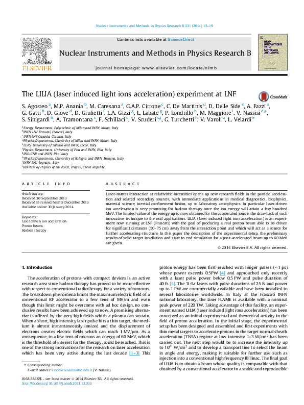 (PDF) The LILIA (laser induced light ions acceleration) experiment at LNF