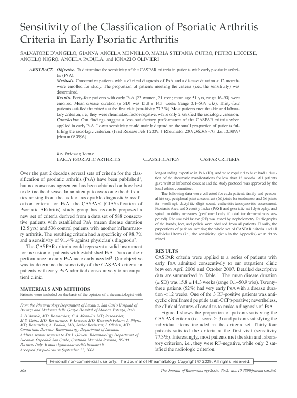 (PDF) Sensitivity of the Classification of Psoriatic Arthritis Criteria ...