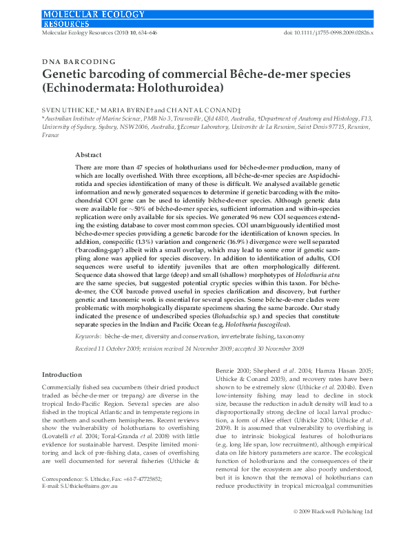 (PDF) Genetic barcoding of commercial Bêche-de-mer species ...