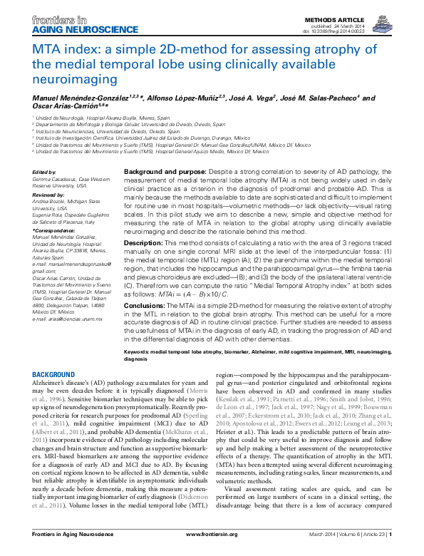 (PDF) MTA index: a simple 2D-method for assessing atrophy of the medial ...