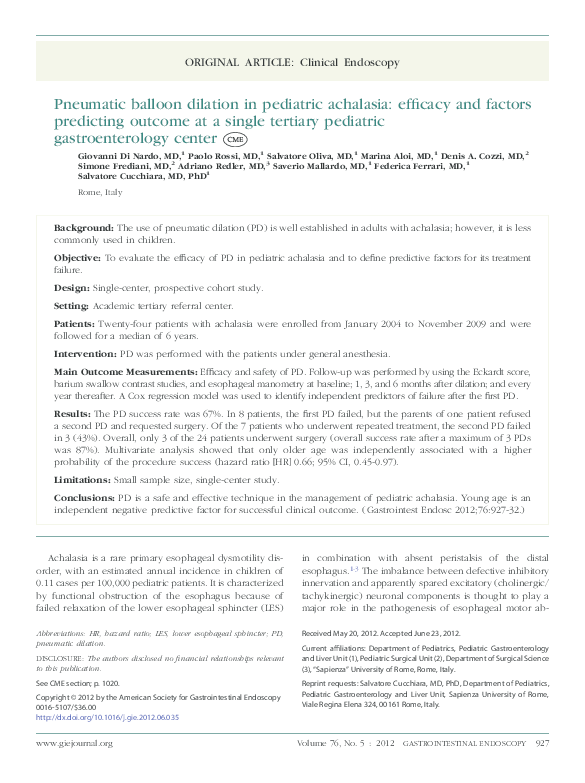 (PDF) Pneumatic balloon dilation in pediatric achalasia: efficacy and ...