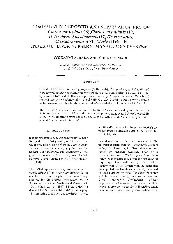 (PDF) COMPARATIVE GROWTH AND SURVIVAL OF FRY OF Clarias gariepinus (B ...